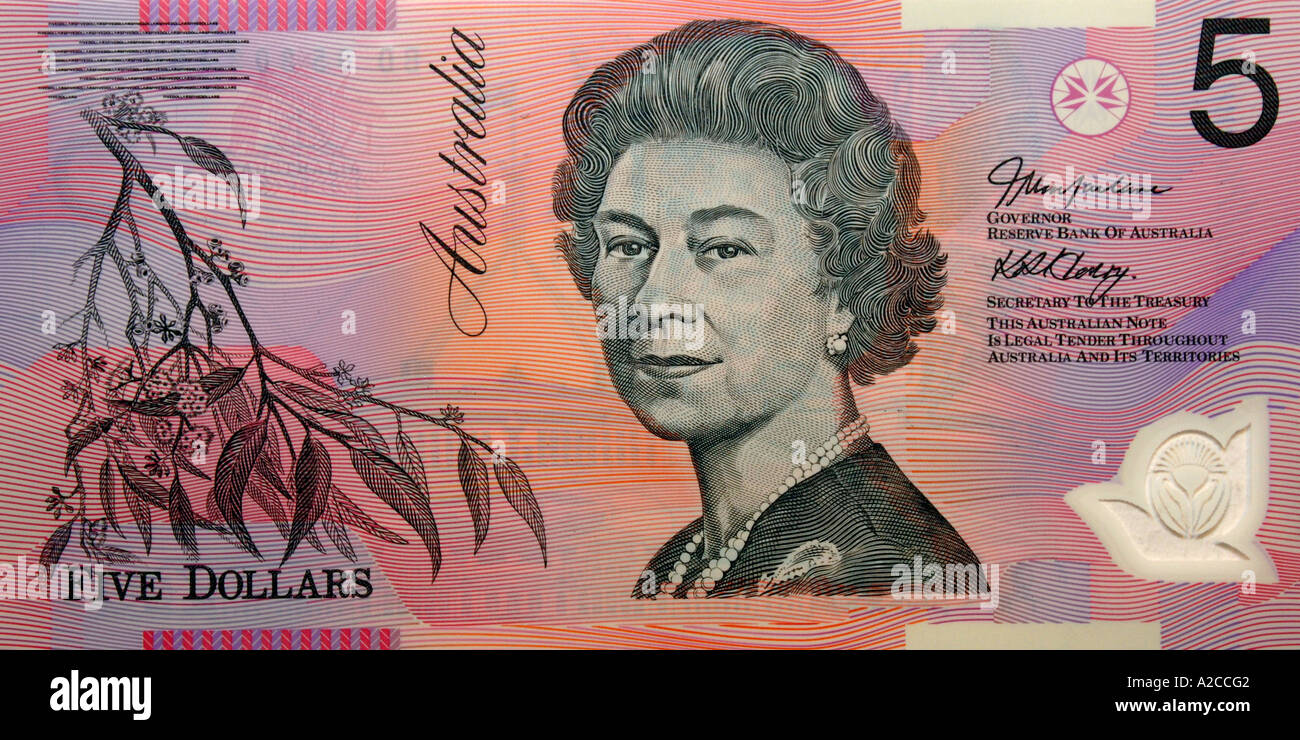 An Australian 5 dollar note and the portrait of Queen Elizabeth II ...