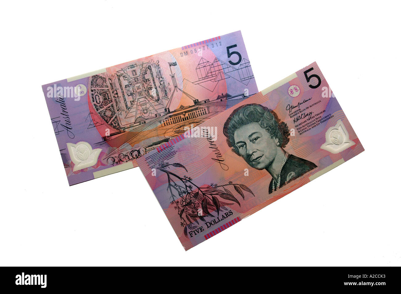 Australian 5 dollar notes against a white background Stock Photo - Alamy