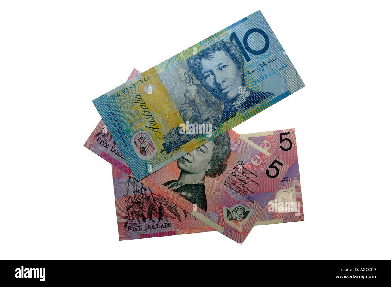 Australian 5 and 10 dollar notes against a white background Stock Photo ...