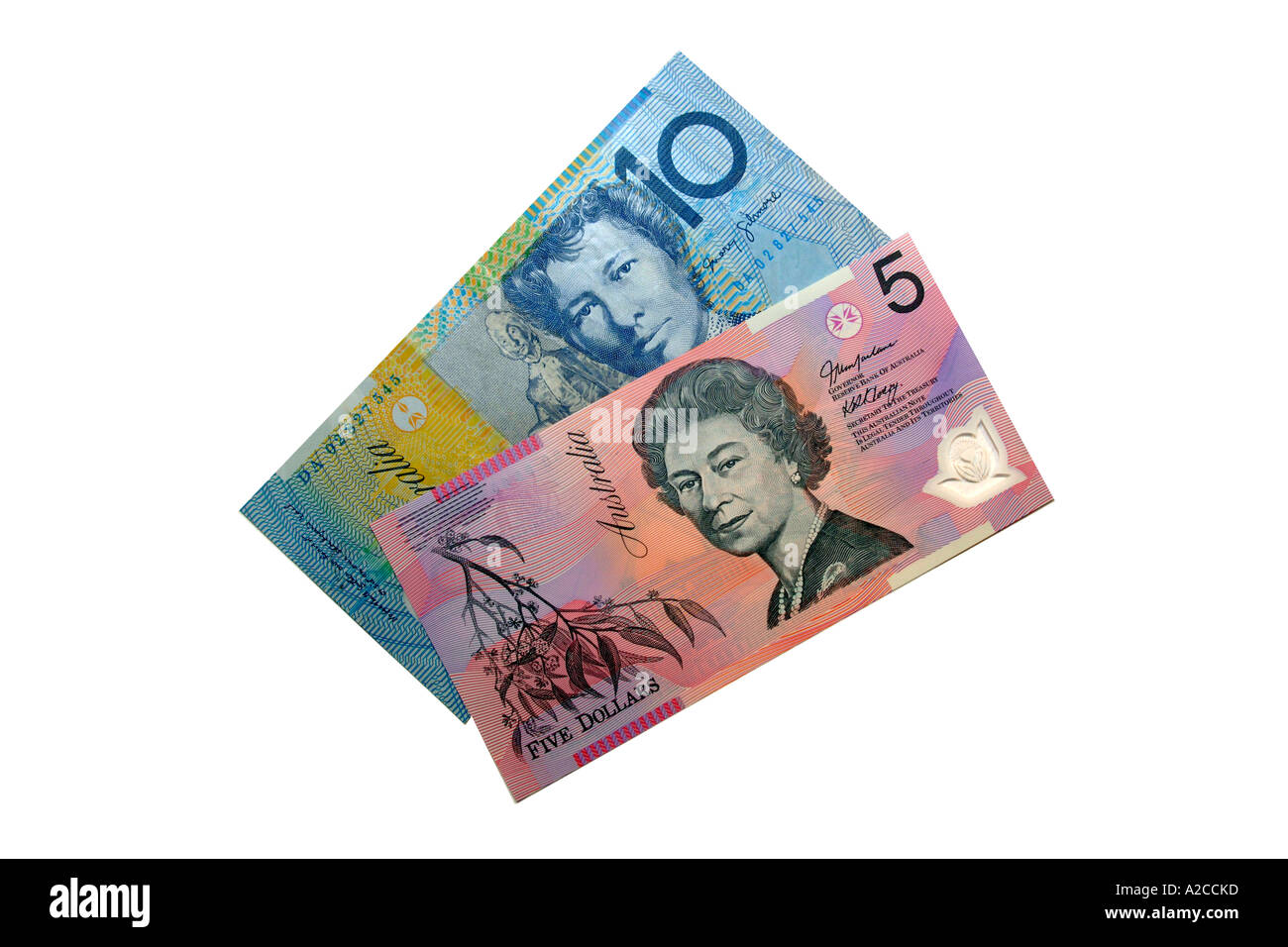 Australian 5 and 10 dollar notes against a white background Stock Photo ...
