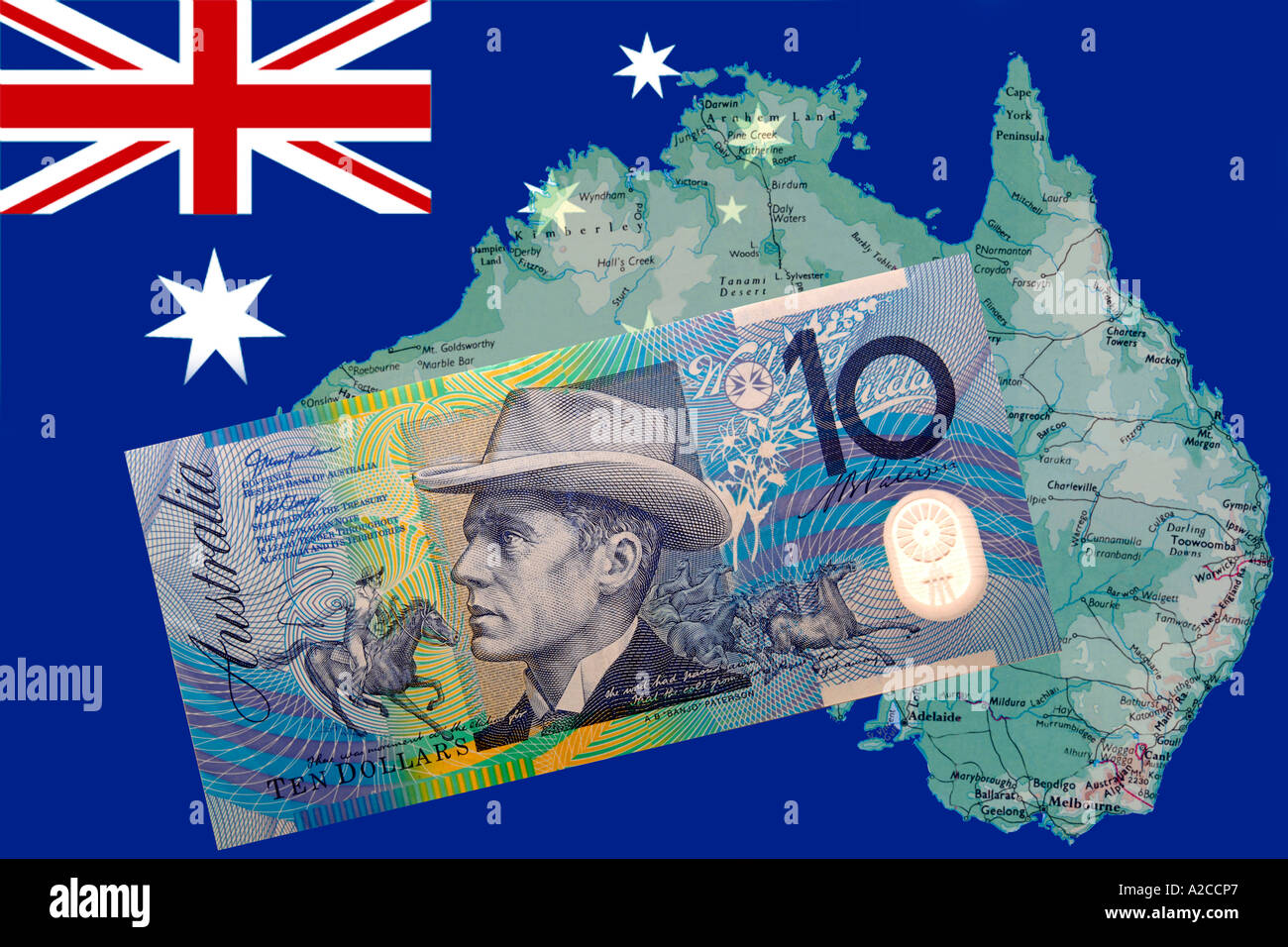 Australian 10 dollar note against a cutout shape of Australia and their ...