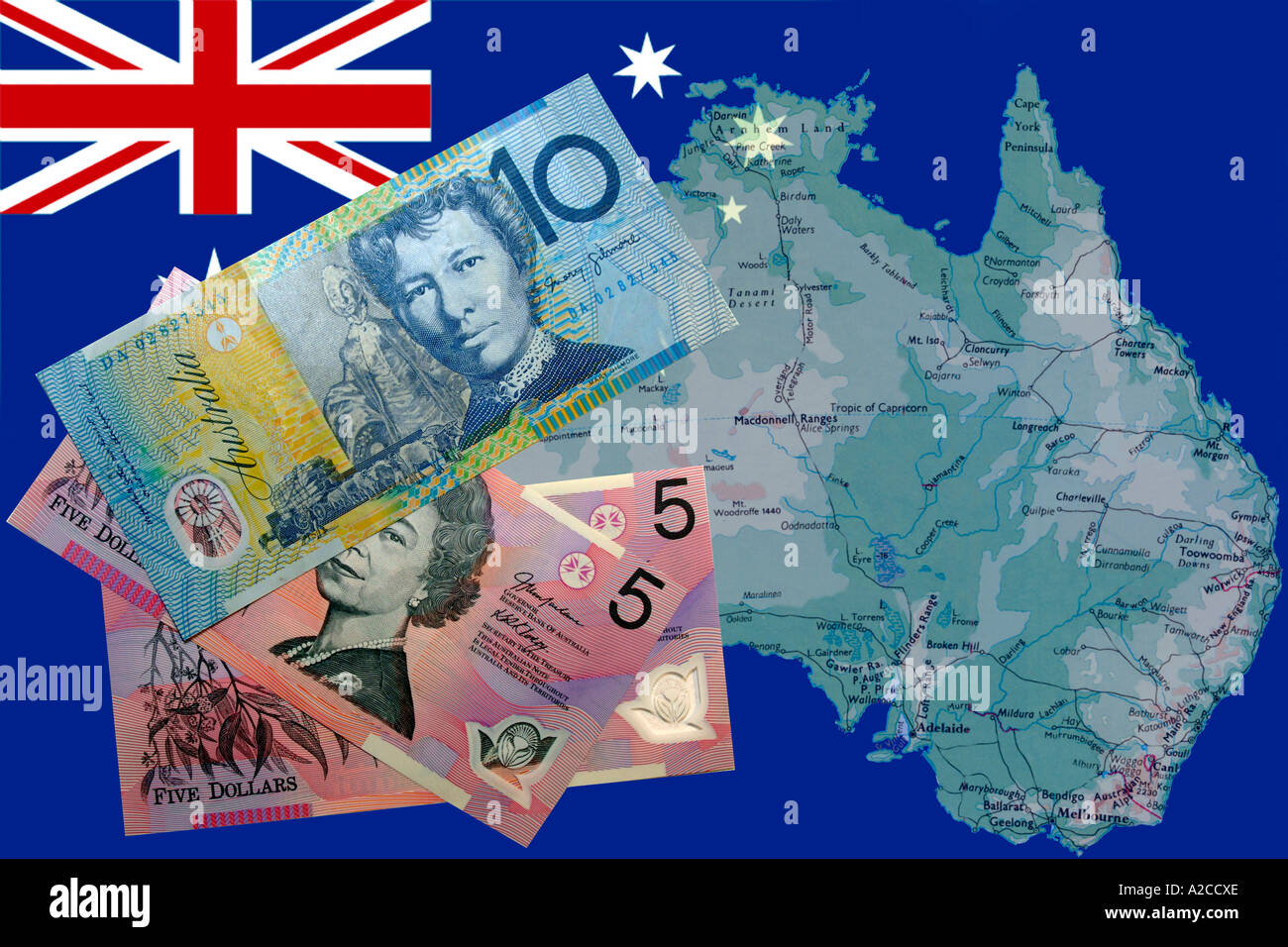 Australian 5 and 10 dollar notes against a country cutout and flag ...