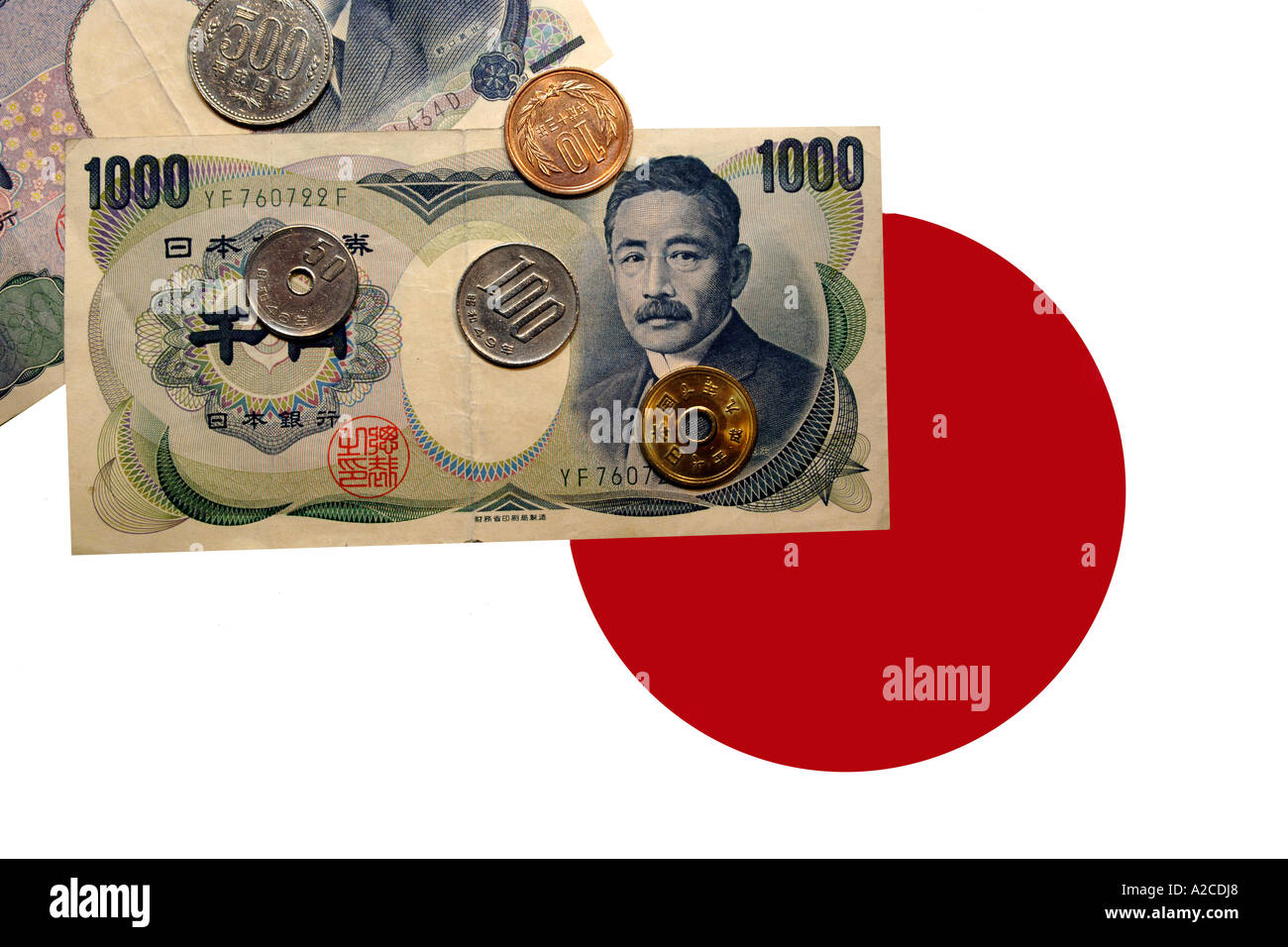 Japanese 1000 Yen notes and coins against a flag background Stock Photo ...