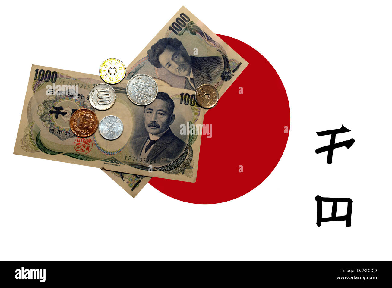 Japanese 1000 Yen notes and coins against a flag background Stock Photo ...