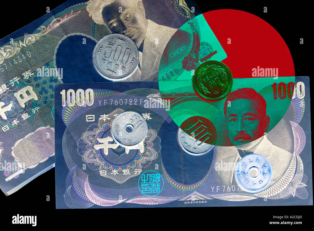 Japanese 1000 Yen notes and coins in a reversal style background Stock ...