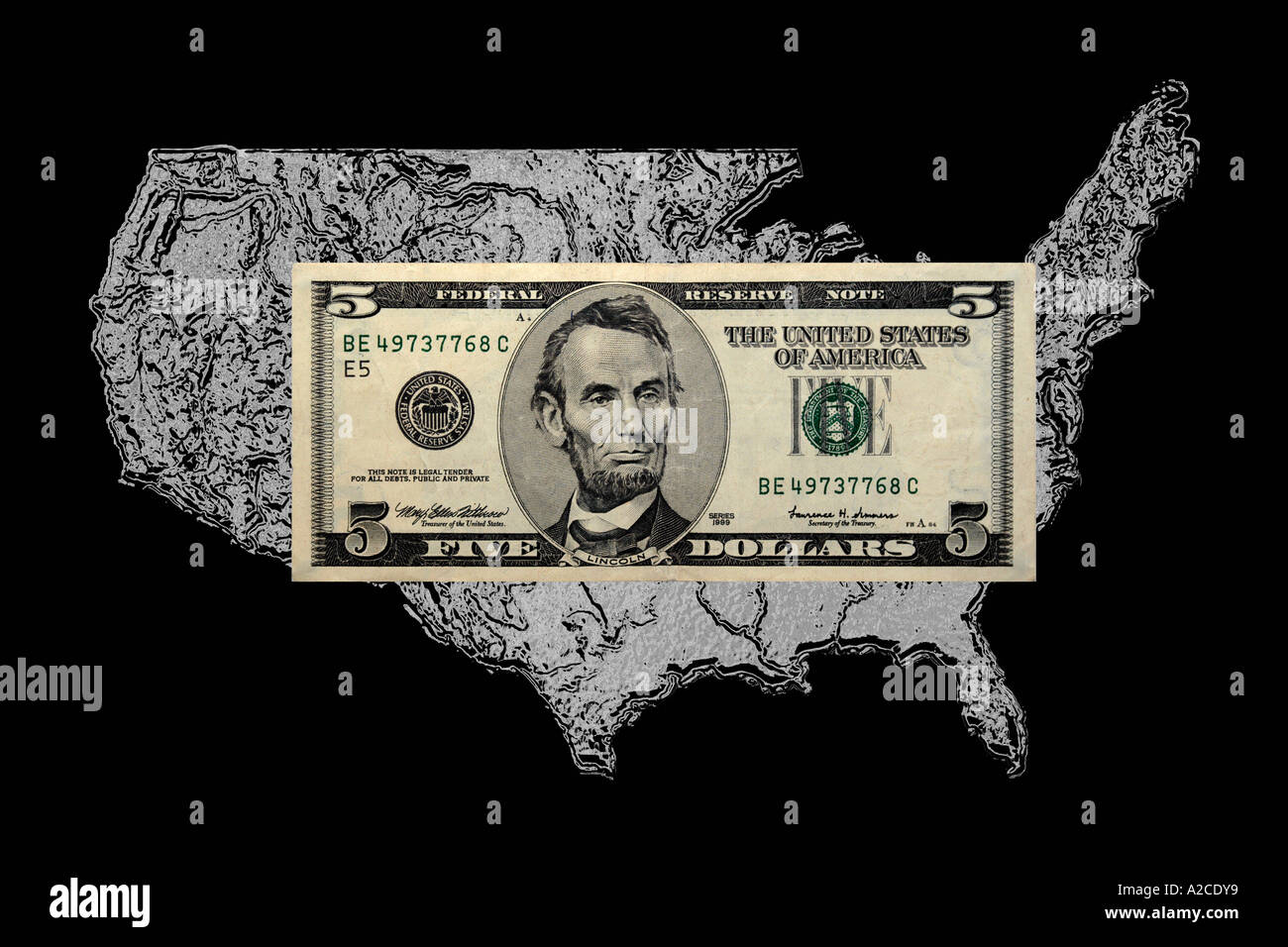 The Outline of the USA with a Five Dollar bill Stock Photo - Alamy
