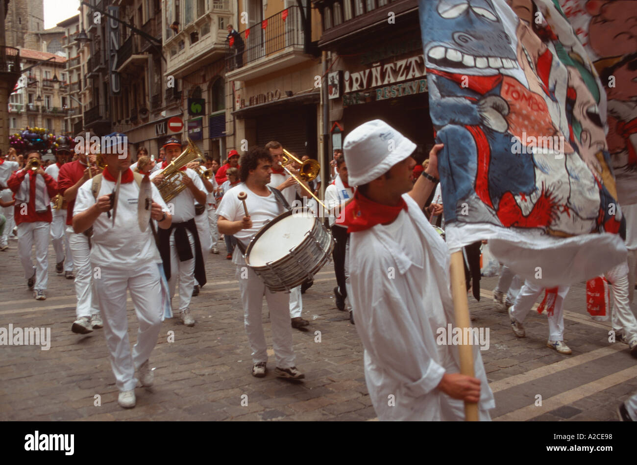Traditional Spanish Marching Band Marching Through The Streets During The Fiesta De San Fermin