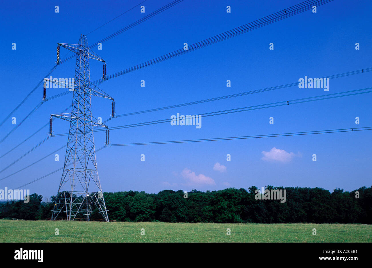Power lines in field in England Stock Photo - Alamy
