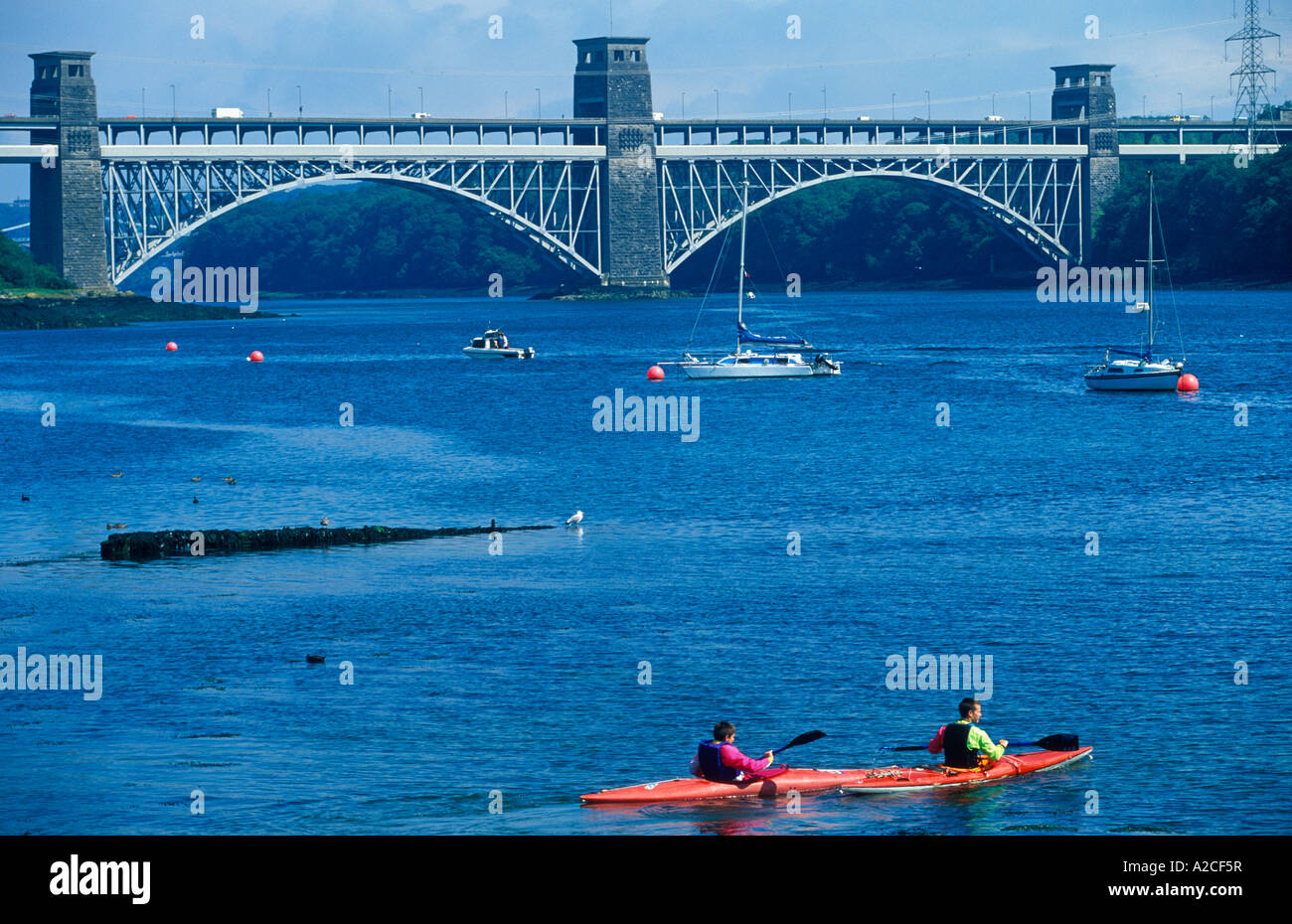Britannia Bridge across Menai Strait connecting Anglesey Island to the ...