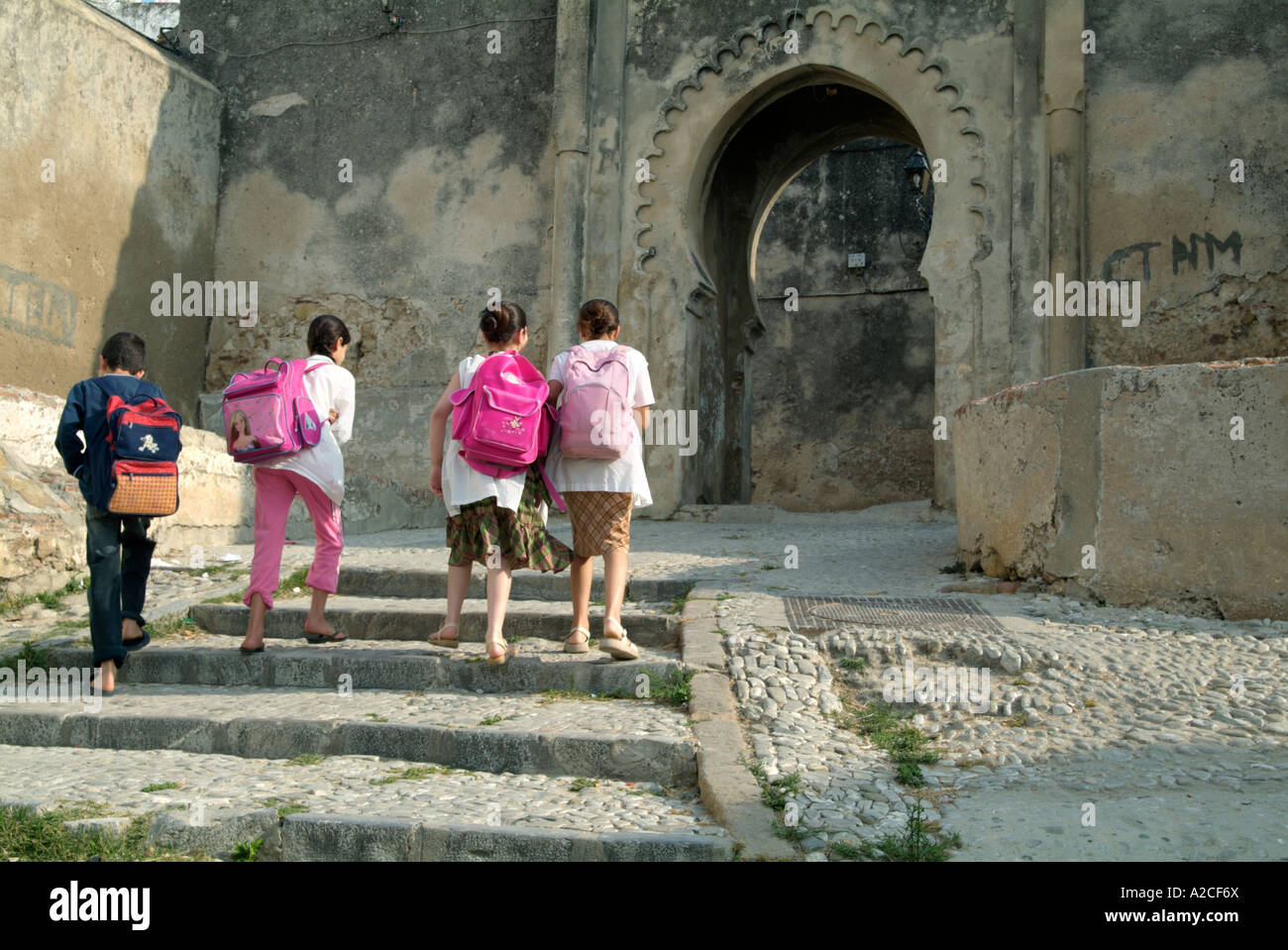 THREE GIRLS AND A BOY WITH RUCKSACKS ON THEIR BACKS ARE WALKING TO ...