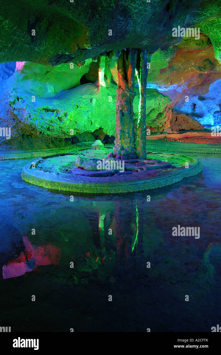 Colourful lights illuminate Lotus Cave, Guangxi China Stock Photo - Alamy