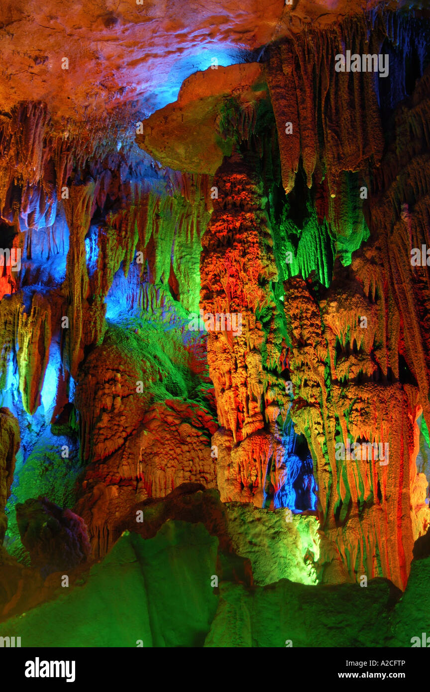 Colourful lights illuminate Lotus Cave, Guangxi China Stock Photo - Alamy