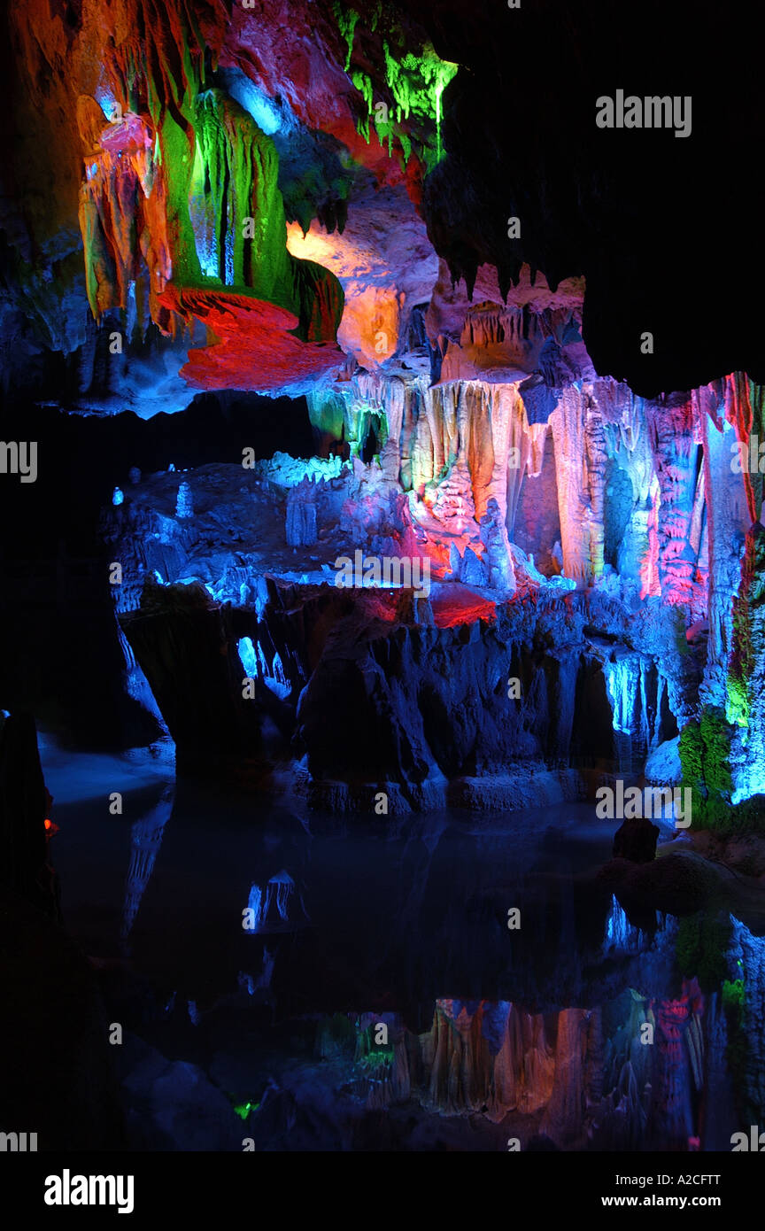 Colourful lights illuminate Lotus Cave, Guangxi China Stock Photo - Alamy