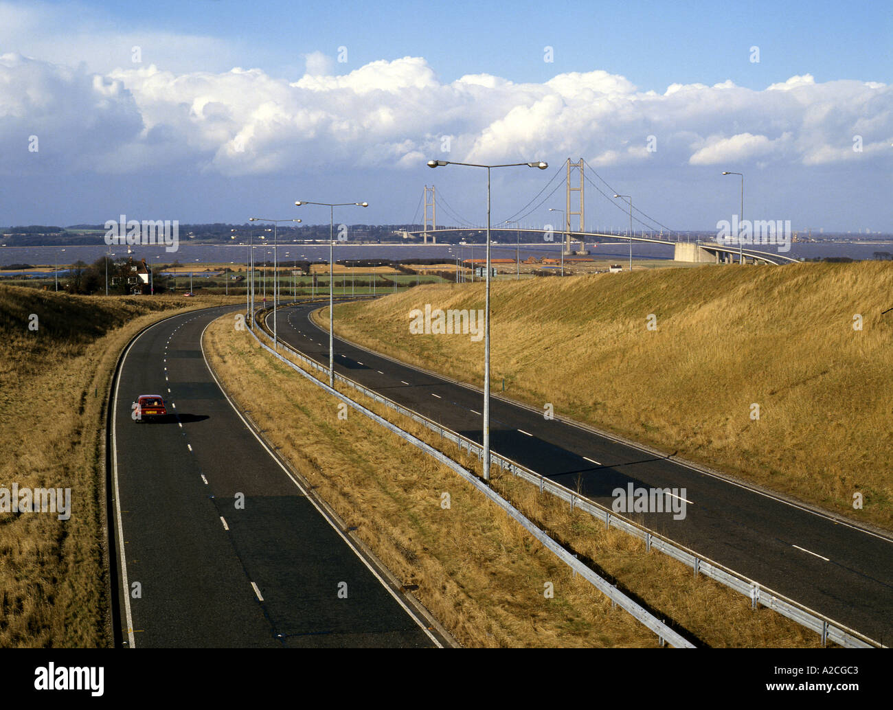 Humber Bridge looking from south bank along the A15 access road England ...