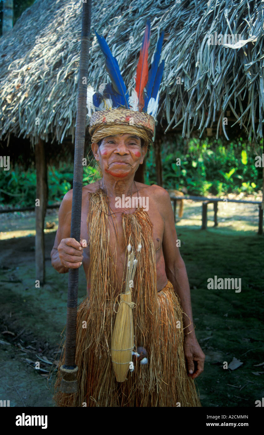 The chief of an Indian Yagua Tribe living near Iquitos posing for the ...