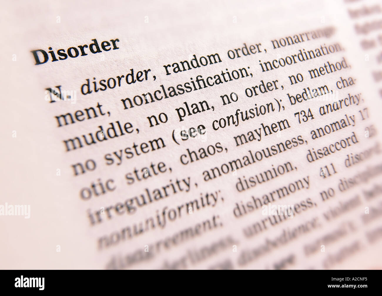 THESAURUS PAGE SHOWING DEFINITION OF WORD DISORDER Stock Photo - Alamy