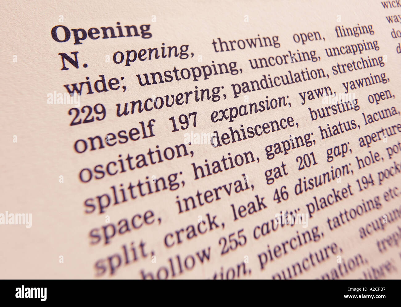 THESAURUS PAGE SHOWING DEFINITION OF WORD OPENING Stock Photo - Alamy