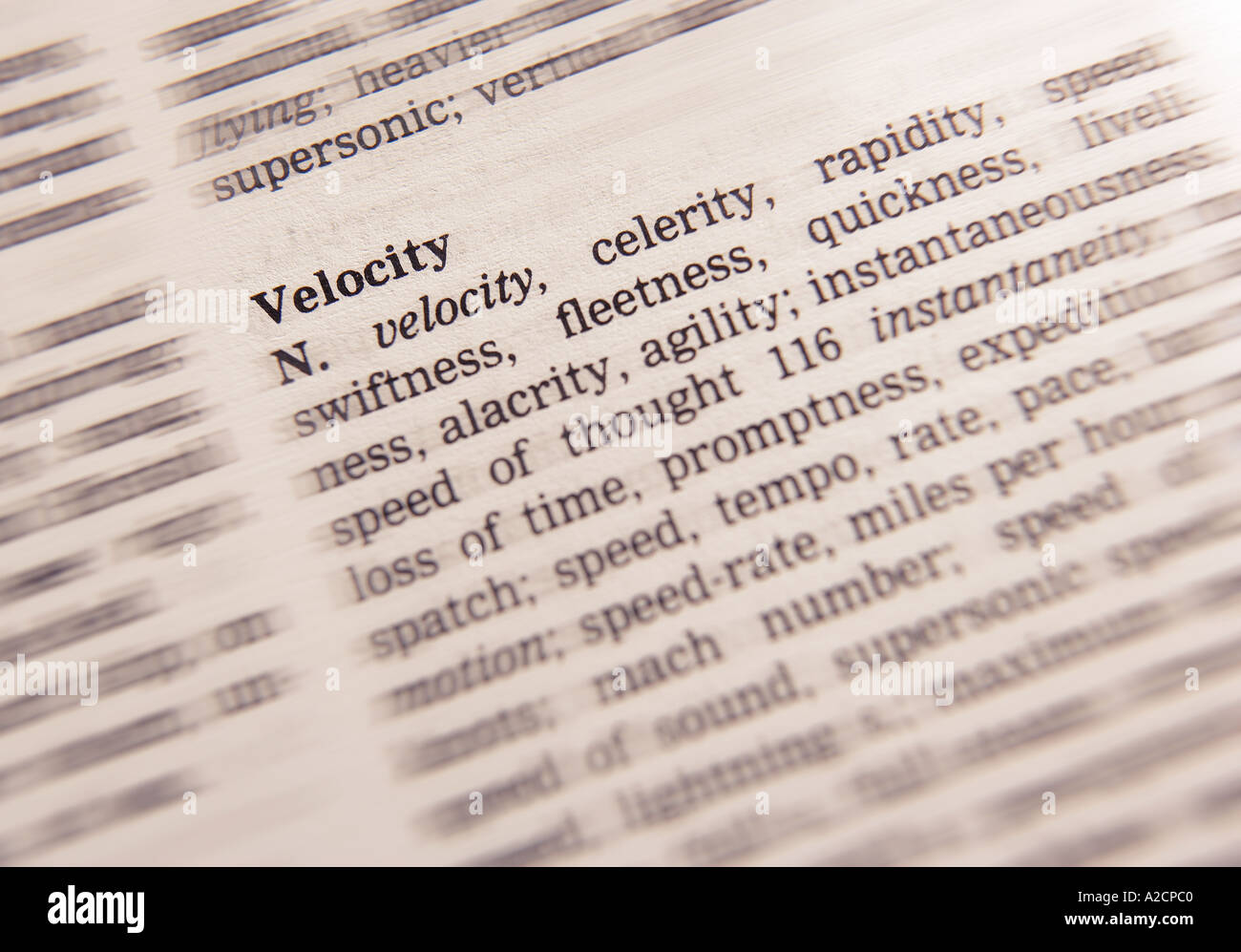 THESAURUS PAGE SHOWING DEFINITION OF WORD VELOCITY Stock Photo - Alamy