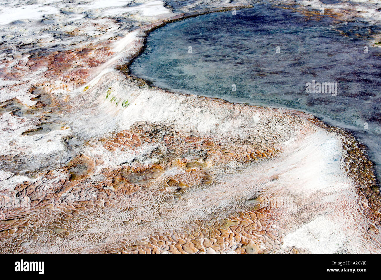 Colorful mineral precipitate at the travertine pools in Pamukkale ...