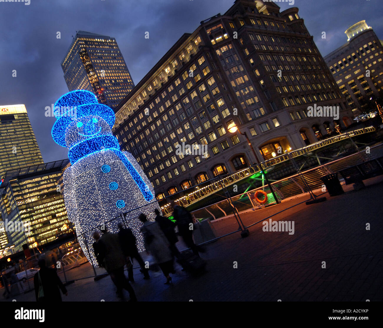 A lighted Snowman in West India Quays in London at Christmas time Stock ...