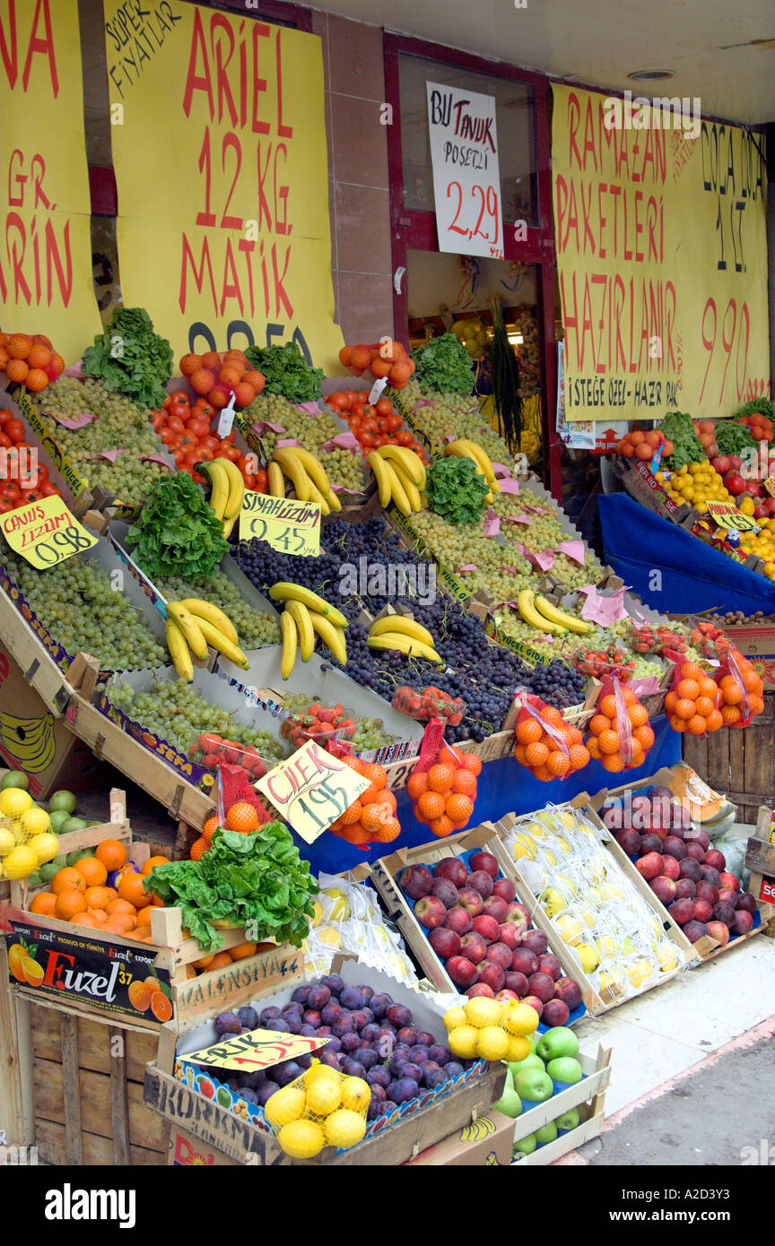 Fruits and vegetables on display at an outdoor market on Mustafa Kemal ...