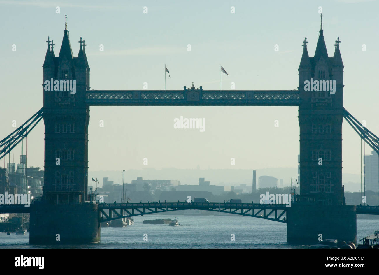 Front view of Tower Bridge from upstream in central London Stock Photo ...
