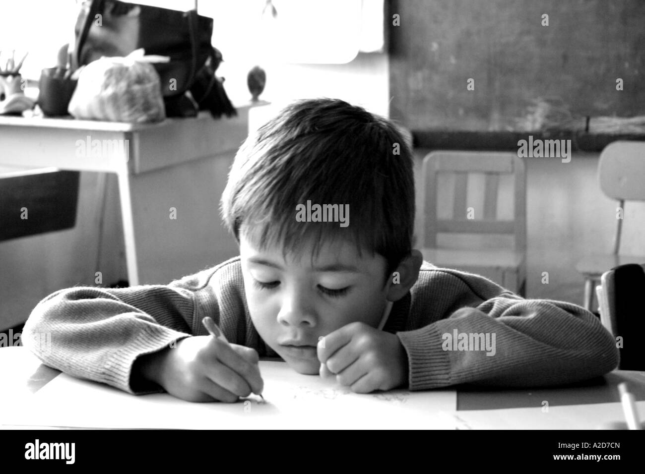 Children drawing in primary Black and White Stock Photos & Images - Alamy