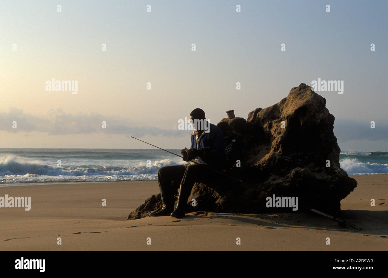 Fisherman fishing on the beach at Rocktail Bay Maputaland Kwazulu Natal ...