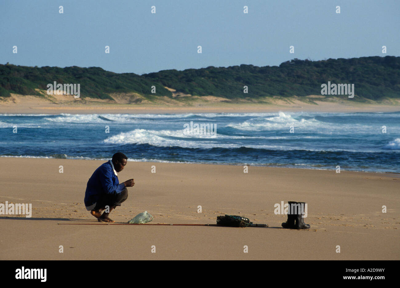 Fisherman fishing on the beach at Rocktail Bay Maputaland Kwazulu Natal ...