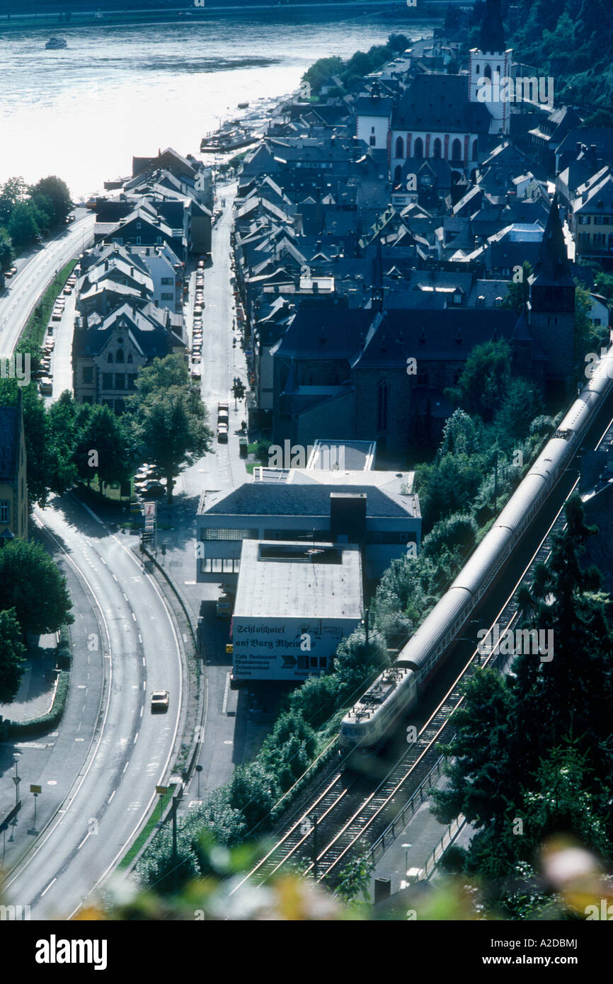 St Goar Railway line and Charcoal roofs of village from above with ...