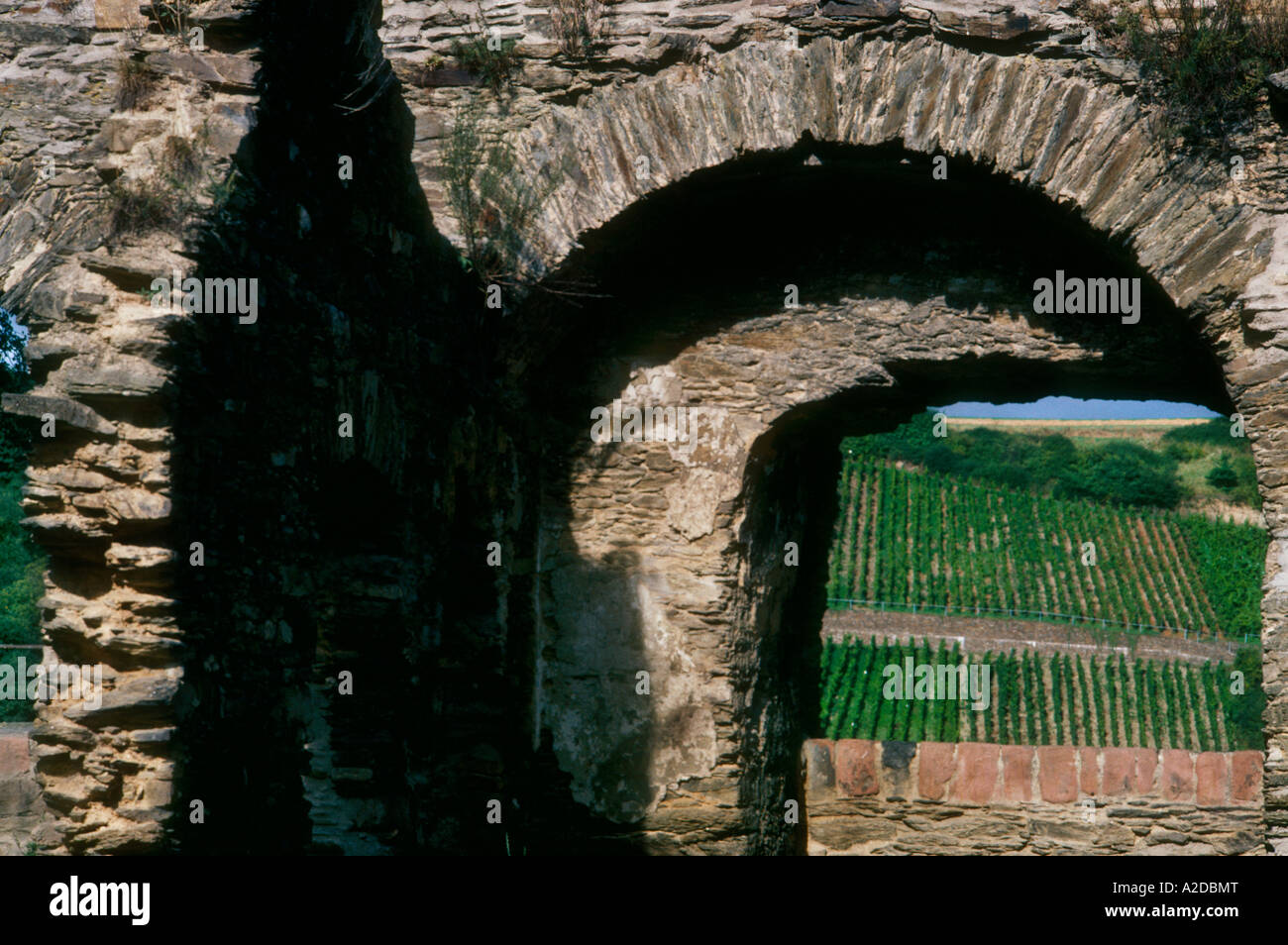View of terraced vineyards taken through the heavily fortified stone ...