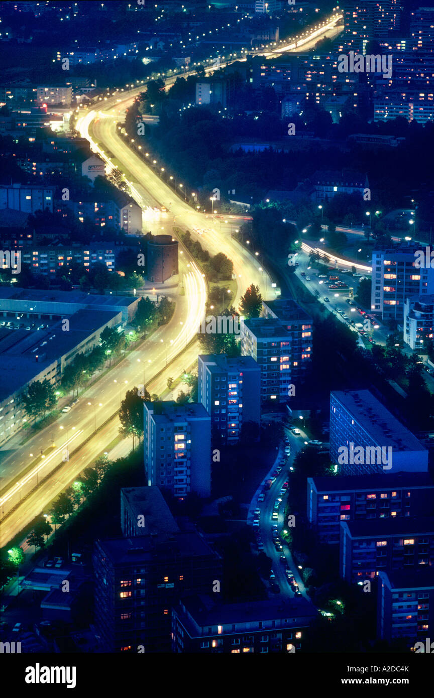 Birds Eye view of Munich streets illuminated at night, Germany Stock ...