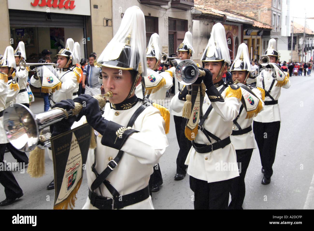 high school marching band during a carnival parade, Colombia Stock ...