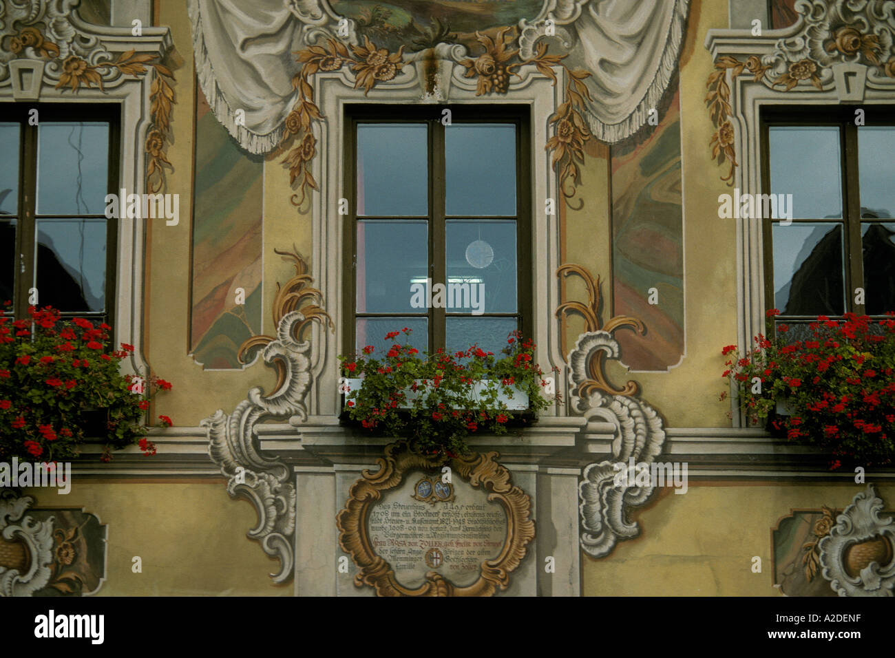 Ornate beautiful window of European villa in Germany with planter boxes ...