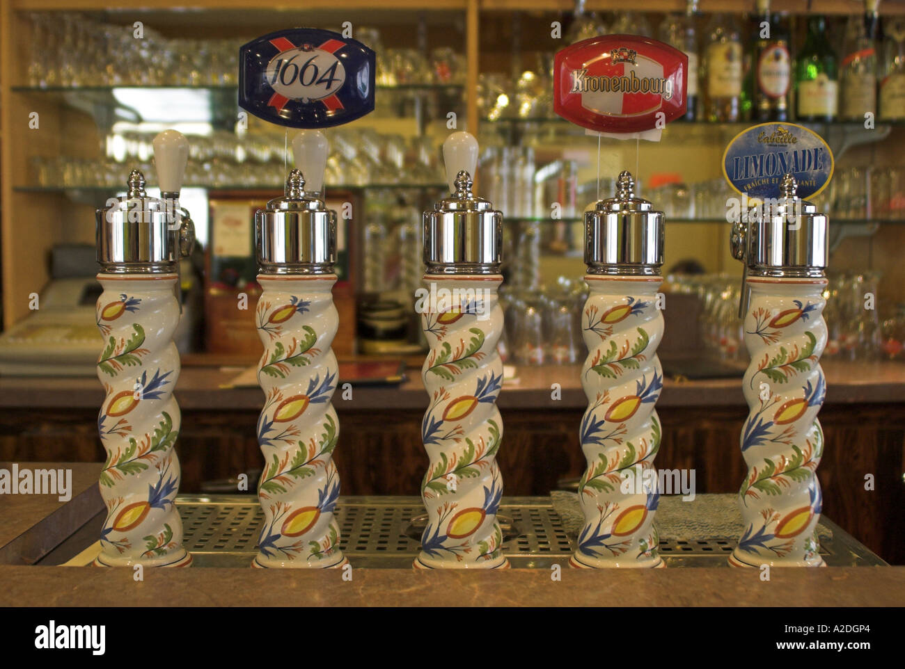 Inside a cafe and bar with the hand decorated beer pumps Stock Photo ...