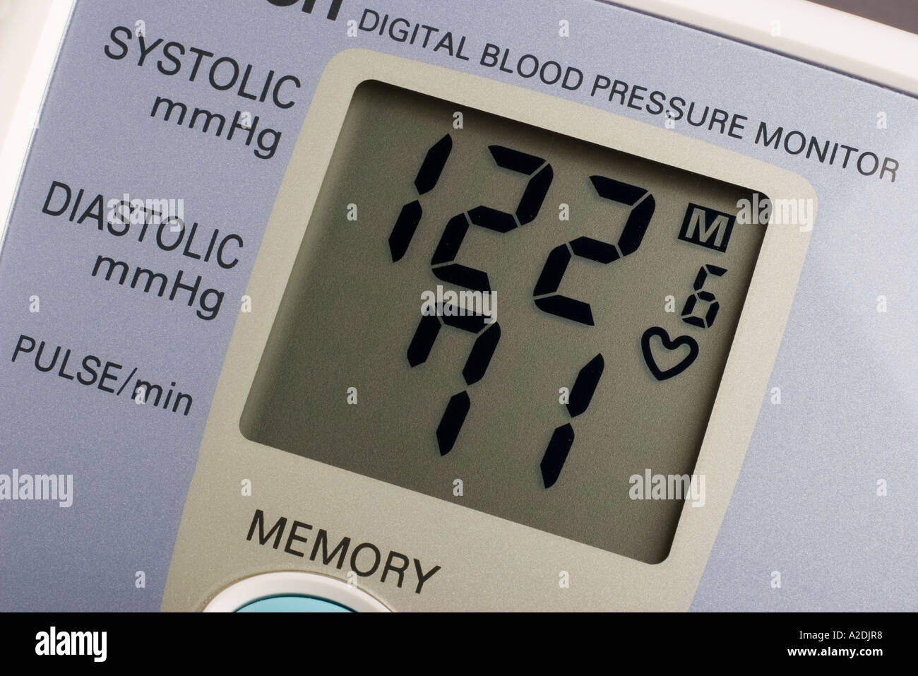Digital display of a blood pressure monitor showing normal blood ...
