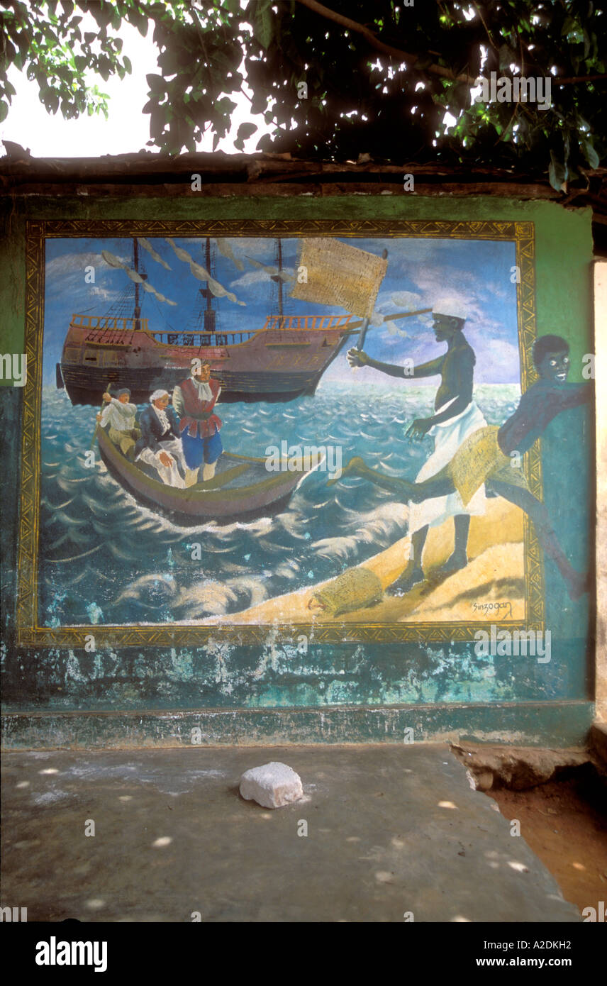 Slave ship and slave traders on painted mural on wall, Ouidah, Benin ...