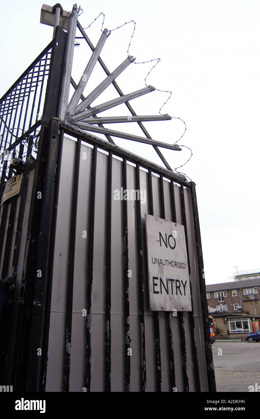 High security gate with no entry sign London England UK GB EU Europe ...