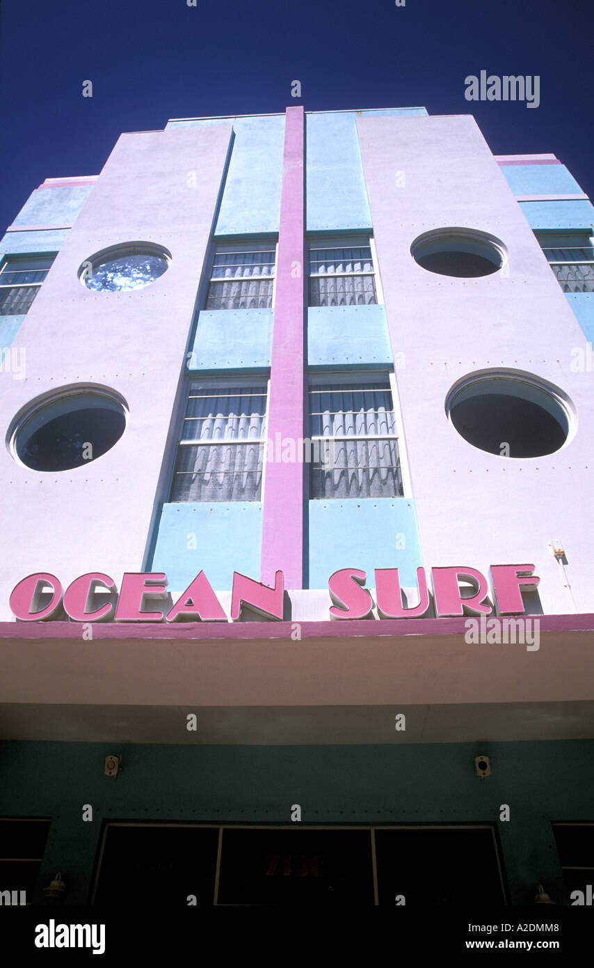 Ocean surf colourful art deco hotel facade , South Beach Miami Stock ...
