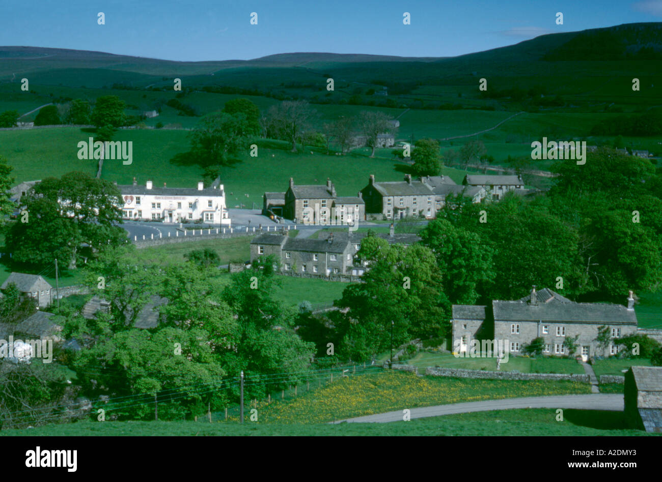Village of Bainbridge from Brough Hill, Wensleydale, Yorkshire Dales ...