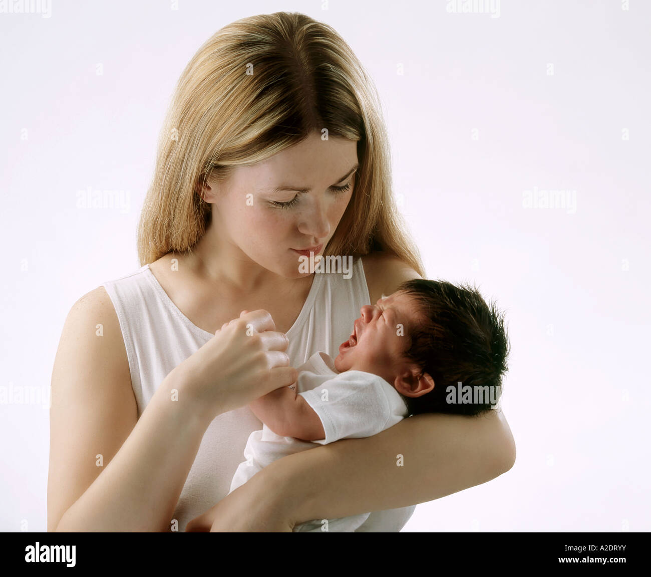 1218301 indoor studio woman young 25 30 blonde long hair baby infant ...