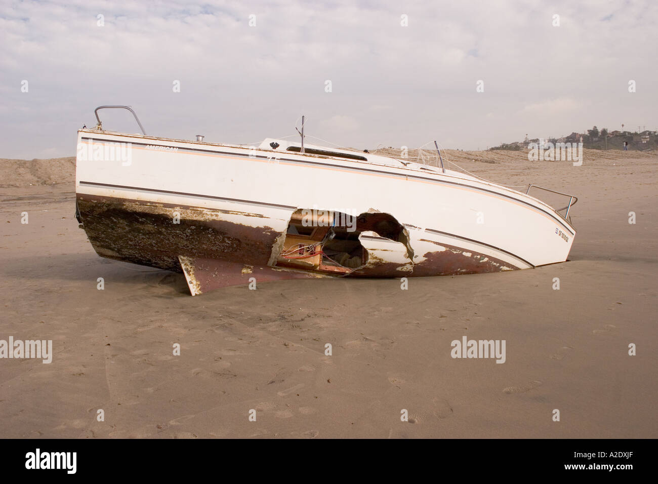 Boat wreckage on after recent series of extremely large waves Stock ...