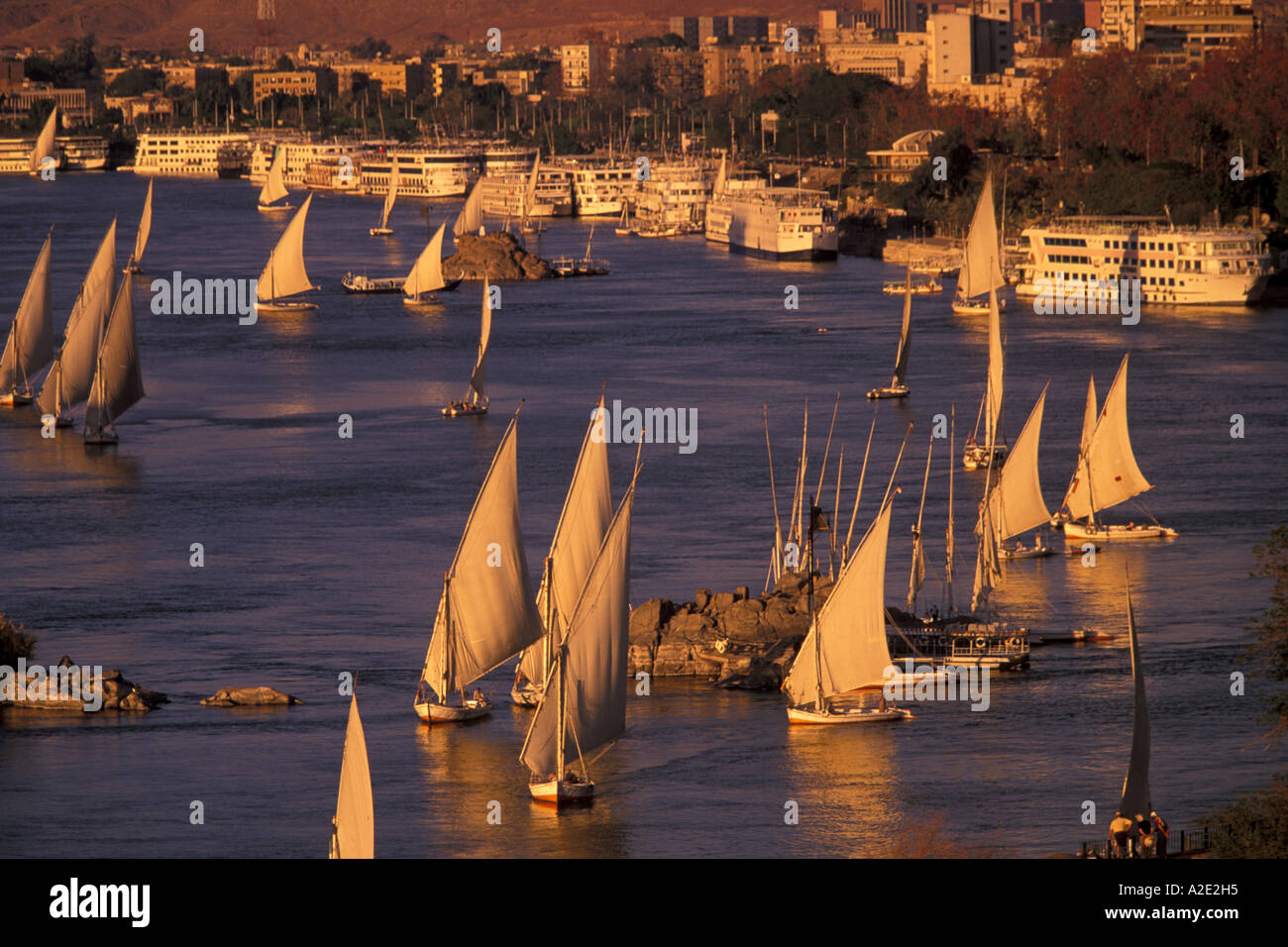 AF, Egypt, Upper Egypt, Aswan. River Nile, Feluccas Sailing Stock Photo ...