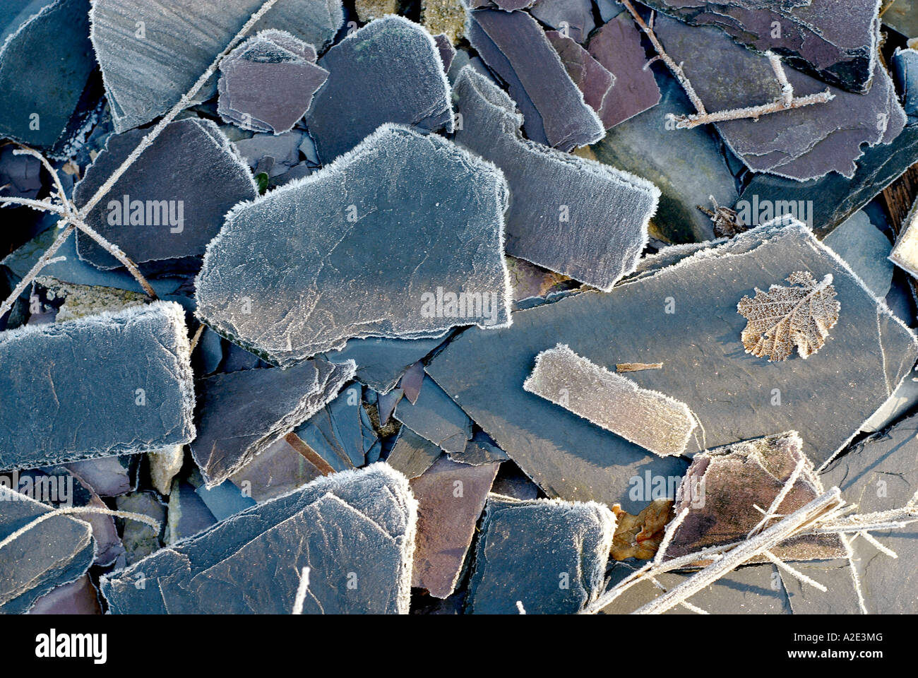 jagged pieces of slate with frosted edges and a winter light cast ...