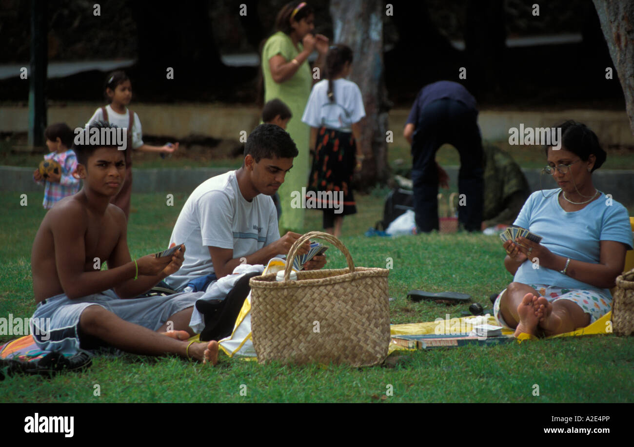 Family Playing cards in the park Mauritius Indian Ocean Island Stock ...