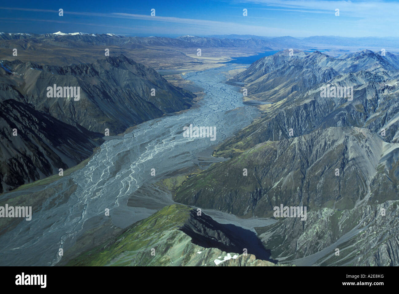 Braided glacial deposits in the Godley River flows towards Lake Tekapo ...