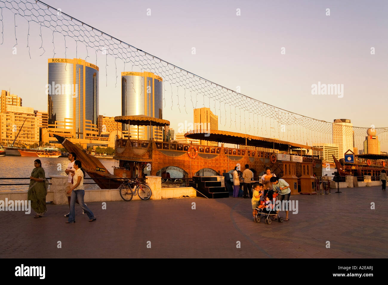 Dubai Creek Promenade Skyline Twin towers Rolex headquarter Restaurant ...