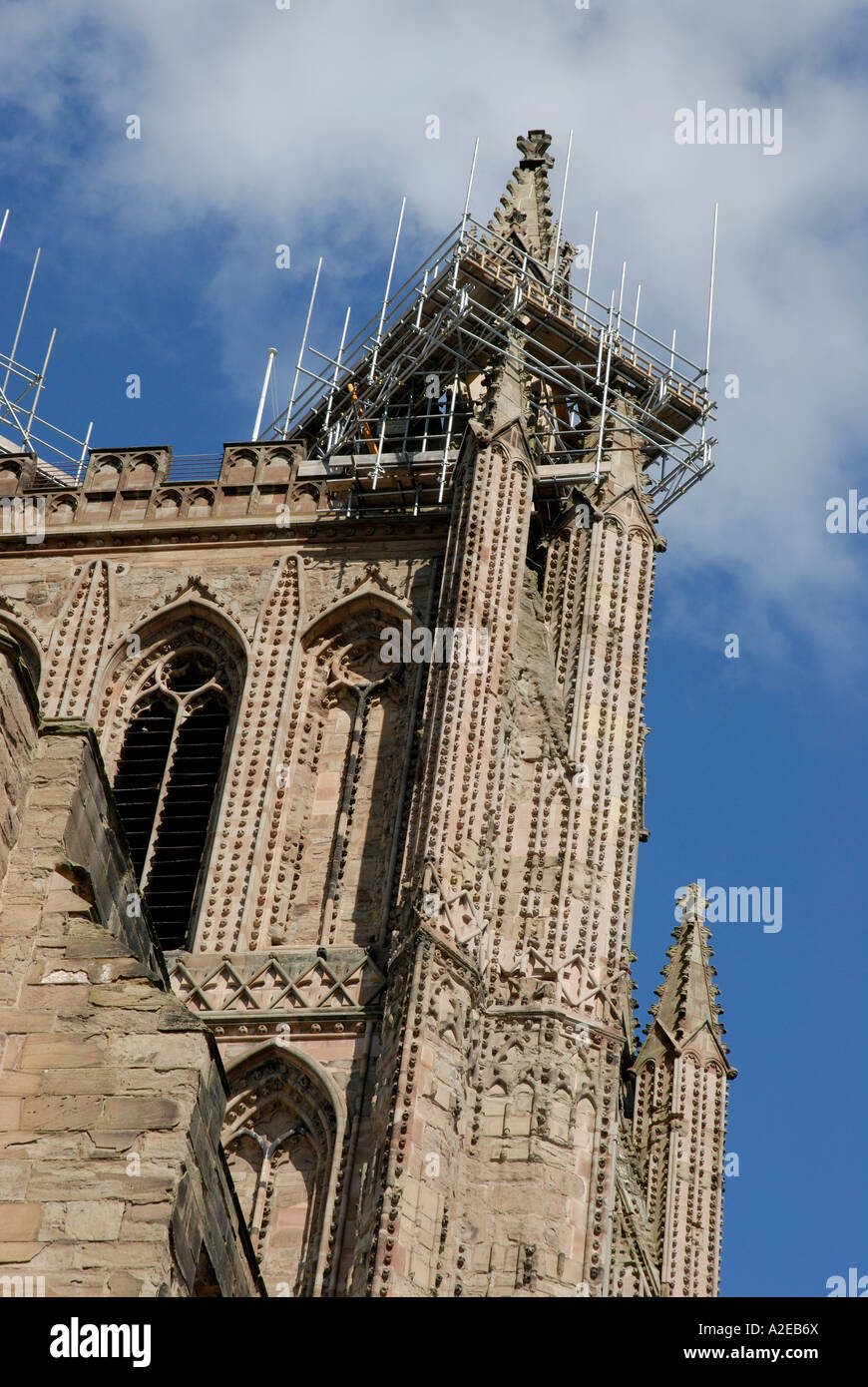The tower of Hereford Cathedral showing restoration work on the ...