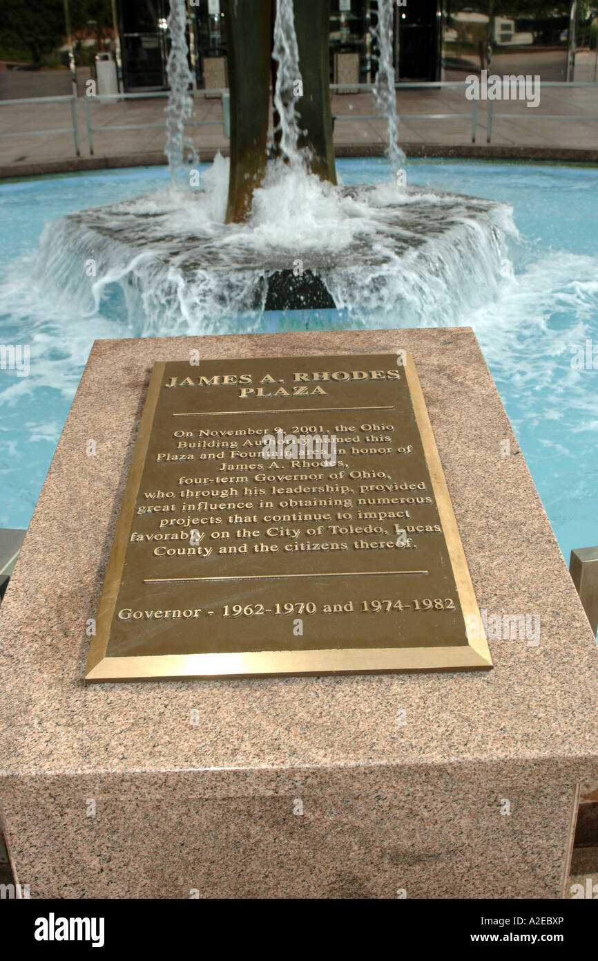 A dedication placard to James A Rhodes, his Plaza in Toledo Ohio Stock ...