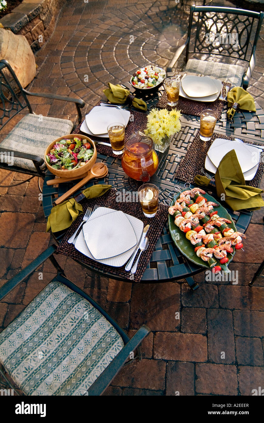 Backyard Patio Deck With Table Of Food For Barbecue Party Stock Photo ...